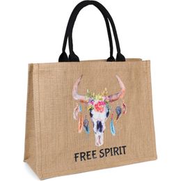 Henkeltasche styleBREAKER "Leinen Henkeltasche Boho Stier", Damen, Gr. B/H/T: 41cm x 33cm x 17cm Einheitsgr&ouml;&szlig;e, braun, Obermaterial: 100% Leinen LI., gemustert, Taschen