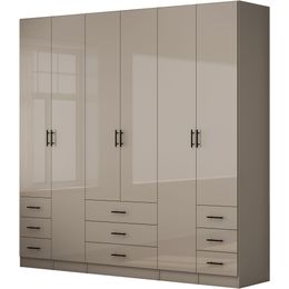 Kleiderschrank OTTO HOME "Trento Schlafzimmerschrank Garderobe hochglanz", sandgrau, B:240cm H:239cm T:56cm, FSC-zertifizierter Holzwerkstoff, Schr&auml;nke, Kleiderschrank, Schrank mit 6 T&uuml;ren und 9 Schubladen, hochgl&auml;nzende Fronten