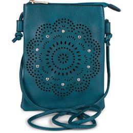 Mini Bag styleBREAKER "Mini Umh&auml;ngetasche Blumen Cutout und Strass", Damen, Gr. B/H/T: 14,5cm x 19,5cm x 2cm Einheitsgr&ouml;&szlig;e, petrol, 100% Polyurethan PU. Futter: 100% Polyester PES., gemustert, Taschen