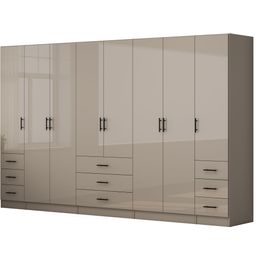 Kleiderschrank OTTO HOME "Trento Schlafzimmerschrank Garderobe hochglanz", sandgrau, B:320cm H:200cm T:56cm, FSC-zertifizierter Holzwerkstoff, Schr&auml;nke, Kleiderschrank, Schrank mit 8 T&uuml;ren und 9 Schubladen, hochgl&auml;nzende Fronten