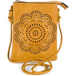 Mini Bag styleBREAKER "Mini Umh&auml;ngetasche Blumen Cutout und Strass", Damen, Gr. B/H/T: 14,5cm x 19,5cm x 2cm Einheitsgr&ouml;&szlig;e, senf, 100% Polyurethan PU. Futter: 100% Polyester PES., gemustert, Taschen