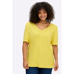 V-Shirt sheego "Halbarmshirt", Damen, Gr. 40/42, limone, 100% Baumwolle, unifarben, V-Ausschnitt, Shirts