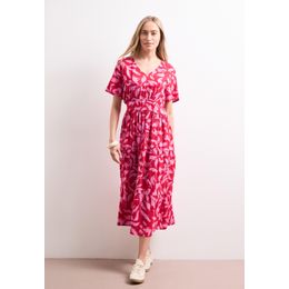 Midikleid Street One, Damen, Gr. 36, N-Gr, salsa rot, Web, Obermaterial: 100% Viskose, bedruckt, bequem 3/4-L&auml;nge, V-Ausschnitt, abgesteppte Kante, Kleider Midikleid, Sommerkleid mit Print und Smok-Detail/Floralem Muster