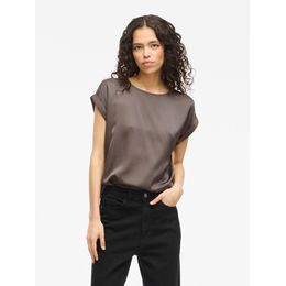 Kurzarmshirt Vila "VIELLETTE S/S SATIN TOP - NOOS", Damen, Gr. 36, braun (falcon), Satin, Obermaterial: 100% Polyester, unifarben, regular fit normal, Rundhals, mit Umschlag, Shirts, Kunstfaser, regular fit