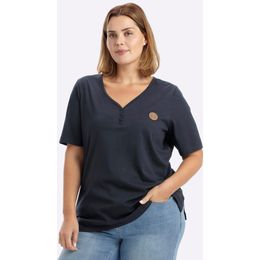 V-Shirt sheego "Kurzarm-Shirt", Damen, Gr. 44/46, tiefblau, 100% Baumwolle, unifarben, V-Ausschnitt, Shirts