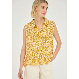 Kurzarmbluse STREET ONE STUDIO, Damen, Gr. 34, earthy gelb, Stoff, 95% Viskose, 5% Elasthan, gebl&uuml;mt, normal normal, V-Ausschnitt, abgesteppt, Blusen, aus stretchigem Viskosematerial