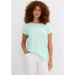 T-Shirt bonprix "Boxy-Shirt", Damen, Gr. 40/42 (M), gr&uuml;n (hellmint), Web, Obermaterial: 100% Baumwolle, unifarben, figurumspielend normal, Rundhals, Aufschlag, Shirts T-Shirt, lockere, figurumspielende Passform, Kurzarm, Rundhalsausschnitt