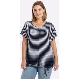 V-Shirt sheego "Kurzarm-Shirt", Damen, Gr. 44/46, tiefblau, wei&szlig;, gestreift, 95% Viskose, 5% Elasthan, gemustert, gestreift, V-Ausschnitt, Shirts