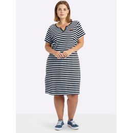 Jerseykleid sheego "Jersey-Kleid", Damen, Gr. 46, Normalgr&ouml;&szlig;en, tiefblau, wei&szlig;, geringelt, Jersey, 50% Baumwolle, 50% Modal, gemustert, gestreift, knielang, Rundhals, Kleider Jerseykleid