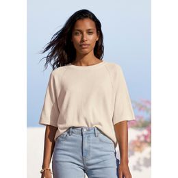 Kurzarmshirt Vivance "mit Lochstrickmuster", Damen, Gr. 32/34, gelb, Feinstrick, Obermaterial: 85% Viskose (LENZING&trade; ECOVERO&trade;), 15% Polyester, unifarben, l&auml;ssig geschnitten normal, Rundhals, Shirts, aus weichem Viskose-Strick