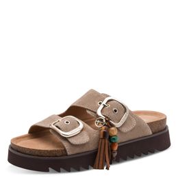 Pantolette Tamaris, Damen, Gr. 38, taupe, Textil, unifarben mit Farbeins&auml;tzen, Schuhe Pantolette, Sommerschuh, Schlupfschuh mit Anh&auml;nger und Zierperlen