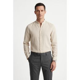 Langarmhemd BOSS Orange "Race", Herren, Gr. M, N-Gr, beige (light beige271), Web, Obermaterial: 100% Leinen, unifarben, regular fit h&uuml;ftbedeckend, Rundhals, 1-Knopf-Manschette mit Schlitz, Hemden, mit Stehkragen