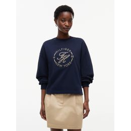 Sweatshirt Tommy Hilfiger "TH ROUNDAL C-NK RLX LONGSLEEVE", Damen, Gr. L (42/44), schwarz night navy, Sweatware, Obermaterial: 100% Baumwolle, bedruckt, relaxed fit normal, Rundhals, eingesetzt Rippb&uuml;ndchen, Sweatshirts Sweatshirt, Baumwolle, relaxed fit