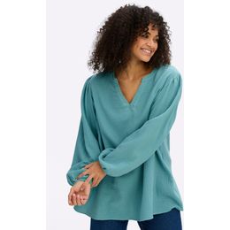 Longbluse sheego, Damen, Gr. 48, ozean, 100% Baumwolle, unifarben, Rundhals, Blusen Longbluse