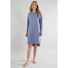 Nachthemd Tom Tailor "Charlotte", Damen, Gr. 38 (M), N-Gr, blau (blau, mittel, uni), Obermaterial: 100% Baumwolle, bequem knielang, Rundhals, gerader Abschluss, Kleider Nachthemd, knielang, Langarm, weich, mit Logodruck, Baumwolle