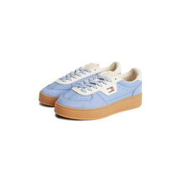 Plateausneaker Tommy Jeans "THE GREENWICH EDGE MAX", Damen, Gr. 37, hellblau, wei&szlig;, Leder, Lederimitat, Veloursleder, unifarben mit Farbeinsatz, Schuhe Plateausneaker, Freizeitschuh, Schn&uuml;rschuh im Retro-Look mit Perforationen