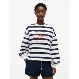 Sweatshirt Tommy Hilfiger "TH ROUNDAL C-NK RLX LONGSLEEVE", Damen, Gr. L (42/44), wide strp ecru, schwarz night navy, Sweatware, Obermaterial: 100% Baumwolle, bedruckt, gestreift, relaxed fit normal, Rundhals, eingesetzt Rippb&uuml;ndchen, Sweatshirts Sweatshirt, Baumwolle, relaxed fit
