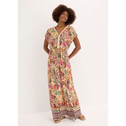 bonprix Jerseykleid aus softem Vikose-Mix, beige, Gr.36/38 (S), modisches Jerseykleid aus softem Viskose-Mix in Midil&auml;nge mit dekorativer Applikation vorne am Ausschnitt