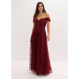 bonprix Abendkleid mit bezaubernder Blumenstickerei, rot, Gr.42, Romantisches Abendkleid aus zartem T&uuml;ll mit Blumenmuster und Carmen-Ausschnitt