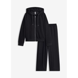 bonprix Hausanzug aus Scuba mit verk&uuml;rztem Oberteil, schwarz, Gr.48/50 (XL), Modischer Hausanzug mit Kapuzenjacke und Bindeband sowie mit leichten Ballon&auml;rmeln und einer weiten Hose mit Biesen und seitlichen Eingriffstaschen, aus Viskose