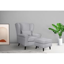 Sessel Home Affaire "Ohrensessel CHISTELLE, wahlweise mit Polsterhocker", grau (hellgrau), B:81cm H:99cm T:87cm, 100% Polyester, Sessel, Sessel, mit Wellenunterfederung, Ma&szlig;e: B/T/H: 81/87/99 cm