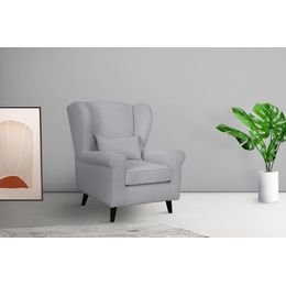 Sessel Home Affaire "Ohrensessel CHISTELLE, wahlweise mit Polsterhocker", grau (hellgrau), B:81cm H:99cm T:87cm, 100% Polyester, Sessel, Sessel, mit Wellenunterfederung, Ma&szlig;e: B/T/H: 81/87/99 cm