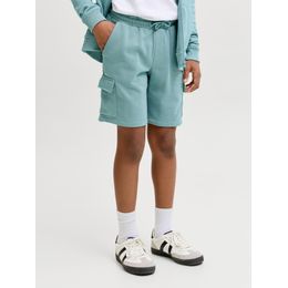 Jack & Jones Cargoshorts JACK & JONES JUNIOR "JPSTBRADLEY SWEAT CARGO SHORTS SN JNR", M&auml;dchen, Gr. 152, N-Gr, gr&uuml;n (mineral blau), Web, Obermaterial: 65% Polyester, 35% Baumwolle, unifarben, regular fit knielang, Hosen