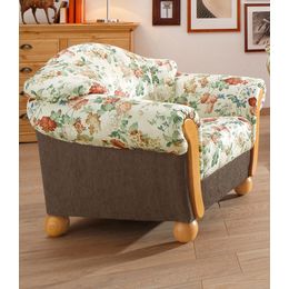 Sessel Home Affaire "Milano, bequemer Loungesessel, Landhaus-Stil, Holz-Chatosen und -F&uuml;&szlig;e", braun (braun, gebl&uuml;mt), B:102cm H:83cm T:81cm, Chenille (70% Polyacryl, 30% Polyester) auf Korpus und Zierkissen, Sitz und R&uuml;cken im Blumenmuster &raquo;Paradise&laquo; (100% Polyester);Chenille (70% Polyacryl, 30% Polyester), Sessel, Sessel