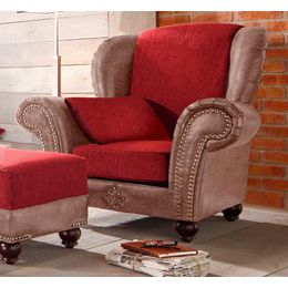 Sessel Home Affaire "King George gem&uuml;tlicher Ohrensessel mit Ziern&auml;geln, mit Federkern", braun (braun, rot), B:121cm H:110cm, Korpus aus Luxus-Microfaser in Vintage-Optik (100% Polyester), Sitzfl&auml;che aus Chenillebezug (70% Polyacryl 30% Polyester), Kissen in Druckstoff (100% Polyester), Sessel, Sessel