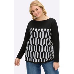 Jacquardpullover sheego "Pullover", Damen, Gr. 56/58, schwarz-wei&szlig; (schwarz, ecru, gemustert), 50% Viskose, 25% Polyester, 25% Polyamid, gemustert, mehrfarbig, Pullover