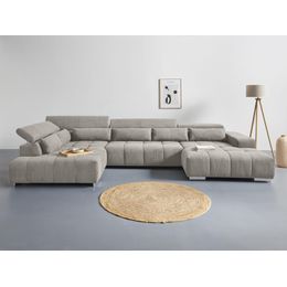 Wohnlandschaft COTTA "Orion U-Form, B: 409 cm", grau (elephant), B:409cm H:73cm T:225cm, 100% Polyester, Sofas, Wohnlandschaft, mit Kopfteilverstellung & 6 Nierenkissen