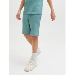 Jack & Jones Sweatshorts JACK & JONES JUNIOR "JPSTGORDON BRANDON SWEAT SHORTS JNR", M&auml;dchen, Gr. 152, N-Gr, gr&uuml;n (mineral blau), angeraute Sweatware, Obermaterial: 65% Polyester, 35% Baumwolle, bedruckt, normal, Hosen Sweatshorts
