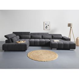 Wohnlandschaft COTTA "Orion U-Form, B: 409 cm", schwarz, B:409cm H:73cm T:225cm, 100% Polyester, Sofas, Wohnlandschaft, mit Kopfteilverstellung & 6 Nierenkissen