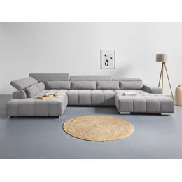 Wohnlandschaft COTTA "Orion U-Form, B: 409 cm", grau, B:409cm H:73cm T:225cm, 90% Polyester, 10% Polyamid, Sofas, Wohnlandschaft, mit Kopfteilverstellung & 6 Nierenkissen