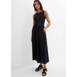 bonprix Maxikleid aus leichtem Leinen-Viskose-Mix, schwarz, Gr.48, Weites figurumspielendes Kleid aus Leinen betont die Taille durch Tunnelzug, aus Viskose