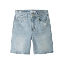 Jeansshorts name it "NKFROSE HW LONG DNM SHORTS 1160-TK", M&auml;dchen, Gr. 128, N-Gr, light blau bleached denim, Denim/Jeans, Obermaterial: 99% Baumwolle, 1% Elasthan, Destroyed-Effekte, unifarben, kurz, Jeans Jeansshorts, Baumwollmischung, Destroyed Effekt
