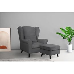Sessel Home Affaire "Ohrensessel CHISTELLE, wahlweise mit Polsterhocker", grau (dunkelgrau), B:81cm H:99cm T:87cm, 100% Polyester, Sessel, Sessel, mit Wellenunterfederung, Ma&szlig;e: B/T/H: 81/87/99 cm