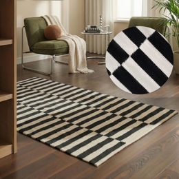 Wollteppich Hanse Home "Vika, schwarz-weiss", schwarz-wei&szlig; (schwarz natur wei&szlig;), B:120cm H:5mm L:180cm, Wolle, Teppiche, Handgewebt, Wolle, Natur, L&auml;ufer, Wohnzimmer, Schlafzimmer, Streifen