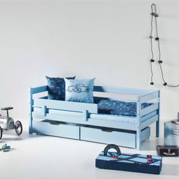 Einzelbett Hoppekids "ECO Comfort Kinderbett, Kiefer Massivholz, Jugendbett inkl. Rollrost", blau (traum blau), B:76cm H:65cm L:166cm, Kiefer massiv, Betten, 70x160 cm, wahlweise in verschieden Farben/ Matratze/ Absturzsicherung