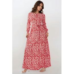 Blumenmuster Maxi-Kleid mit G&uuml;rtel und Rundhalsausschnitt