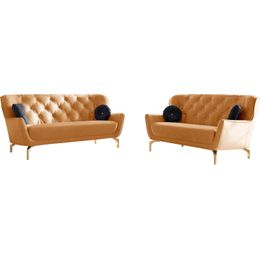 Sit & More Polstergarnitur SIT & MORE "Orient 3", gelb (mustard), Struktur, 3-Sitzer + 2-Sitzer, 100% Polyester, Sitzm&ouml;bel-Sets, inkl. 4 Zierkissen mit Strass-Stein, goldfarbene Metallf&uuml;&szlig;e