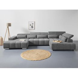 Wohnlandschaft COTTA "Orion U-Form, B: 409 cm", grau (anthrazit), B:409cm H:73cm T:225cm, 100% Polyester, Sofas, Wohnlandschaft, mit Kopfteilverstellung & 6 Nierenkissen