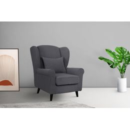 Sessel Home Affaire "Ohrensessel CHISTELLE, wahlweise mit Polsterhocker", grau (anthrazit), B:81cm H:99cm T:87cm, 100% Polyester, Sessel, Sessel, mit Wellenunterfederung, Ma&szlig;e: B/T/H: 81/87/99 cm
