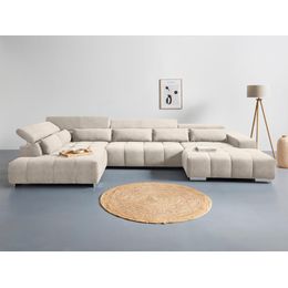 Wohnlandschaft COTTA "Orion U-Form, B: 409 cm", beige, B:409cm H:73cm T:225cm, 100% Polyester, Sofas, Wohnlandschaft, mit Kopfteilverstellung & 6 Nierenkissen