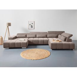 Wohnlandschaft COTTA "Orion U-Form, B: 409 cm", grau (taupe), B:409cm H:73cm T:225cm, 90% Polyester, 10% Polyamid, Sofas, Wohnlandschaft, mit Kopfteilverstellung & 6 Nierenkissen