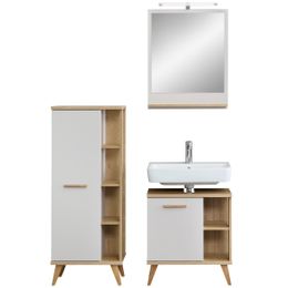 Badm&ouml;bel-Set SAPHIR "Quickset 966, mit T&uuml;rd&auml;mpfer, Badezimmer-Set", kaschmir, riviera eiche quer nachbildung, B:111cm H:200cm T:33cm, Holzwerkstoff, Kastenm&ouml;bel-Sets, Badm&ouml;bel-Set, Midischrank, Spiegel, Leuchte und Waschbeckenunterschrank