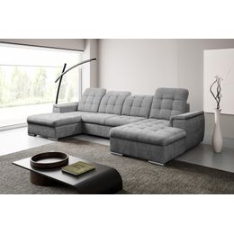 Wohnlandschaft WERK2 "Napoli zeitlos, elegant, bequem, Breite 330cm, U-Form", grau, B:330cm H:106cm T:174cm, 100% Polyester, Sofas, Wohnlandschaft, verstellbare Kopfteile, mit Schlaffunktion und Bettkasten