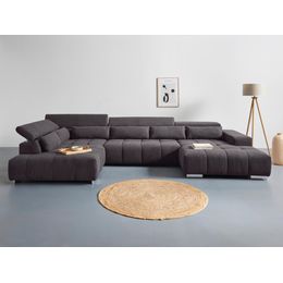 Wohnlandschaft COTTA "Orion U-Form, B: 409 cm", braun (mud), B:409cm H:73cm T:225cm, 100% Polyester, Sofas, Wohnlandschaft, mit Kopfteilverstellung & 6 Nierenkissen