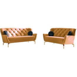 Sit & More Polstergarnitur SIT & MORE "Orient 3", gold, Samtoptik, 3-Sitzer + 2-Sitzer, 100% Polyester, Sitzm&ouml;bel-Sets, inkl. 4 Zierkissen mit Strass-Stein, goldfarbene Metallf&uuml;&szlig;e