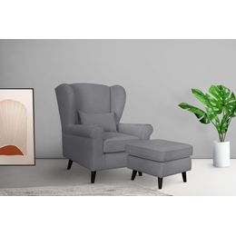 Sessel Home Affaire "Ohrensessel CHISTELLE, wahlweise mit Polsterhocker", grau, B:81cm H:99cm T:87cm, 100% Polyester, Sessel, Sessel, mit Wellenunterfederung, Ma&szlig;e: B/T/H: 81/87/99 cm